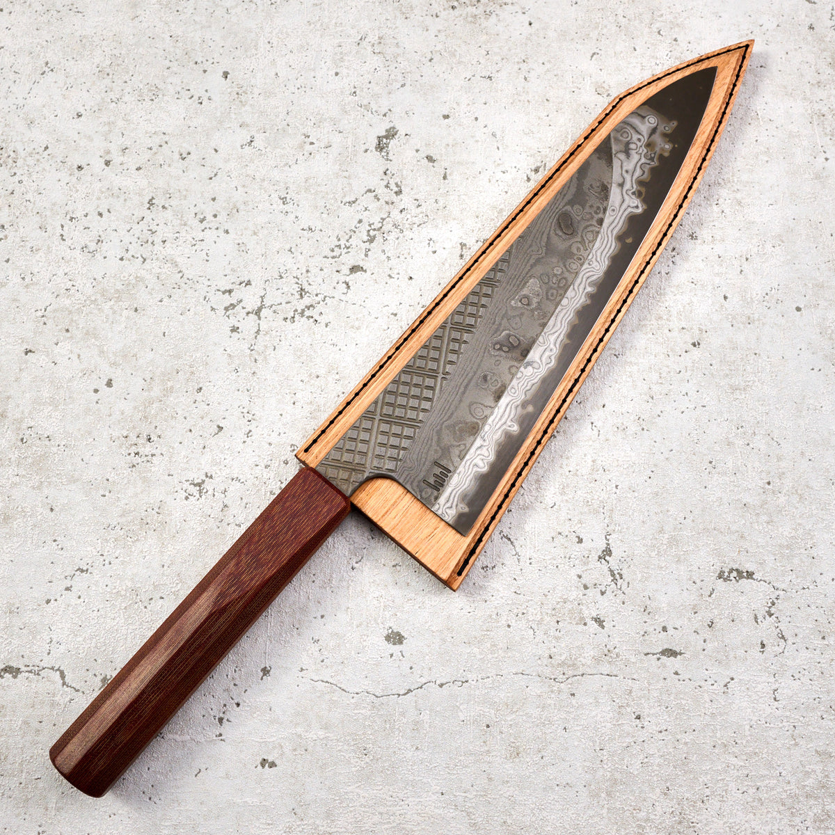 ScheepersBuilt Gyuto 225mm 23 Layer Suminagashi Clad Waffle Textured S ...